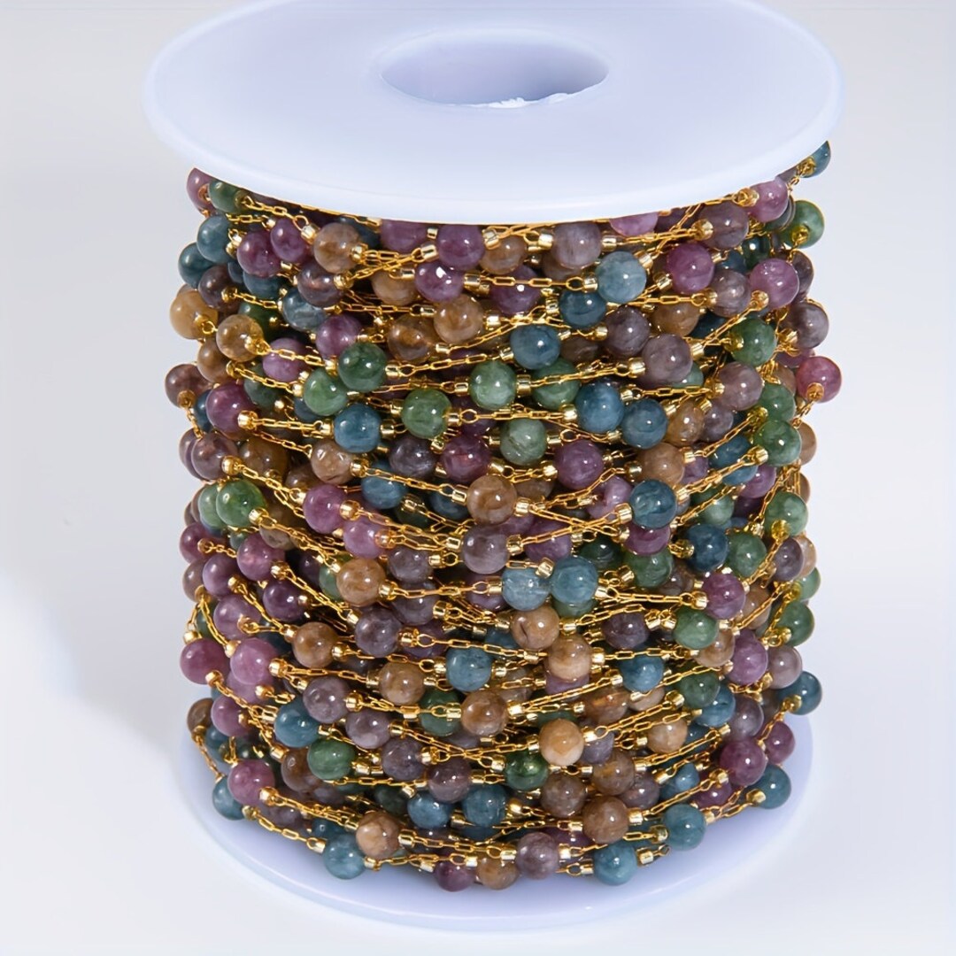 1m/39.3in Natural Stone Crystal Bead Chain Stainless Steel Round Chain ...