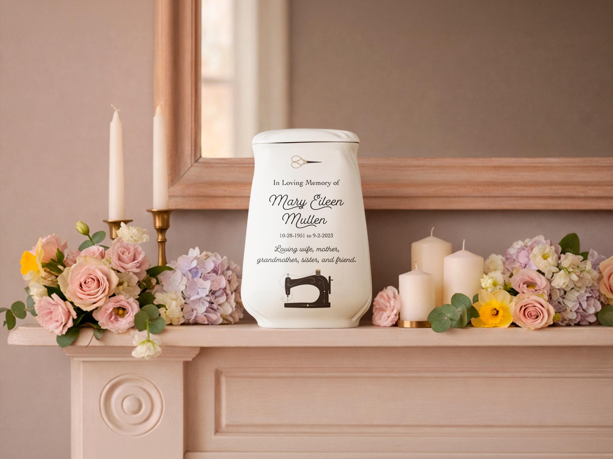 Personalized Sewing Machine Cremation Urn – Porcelain Memorial Keepsake ...