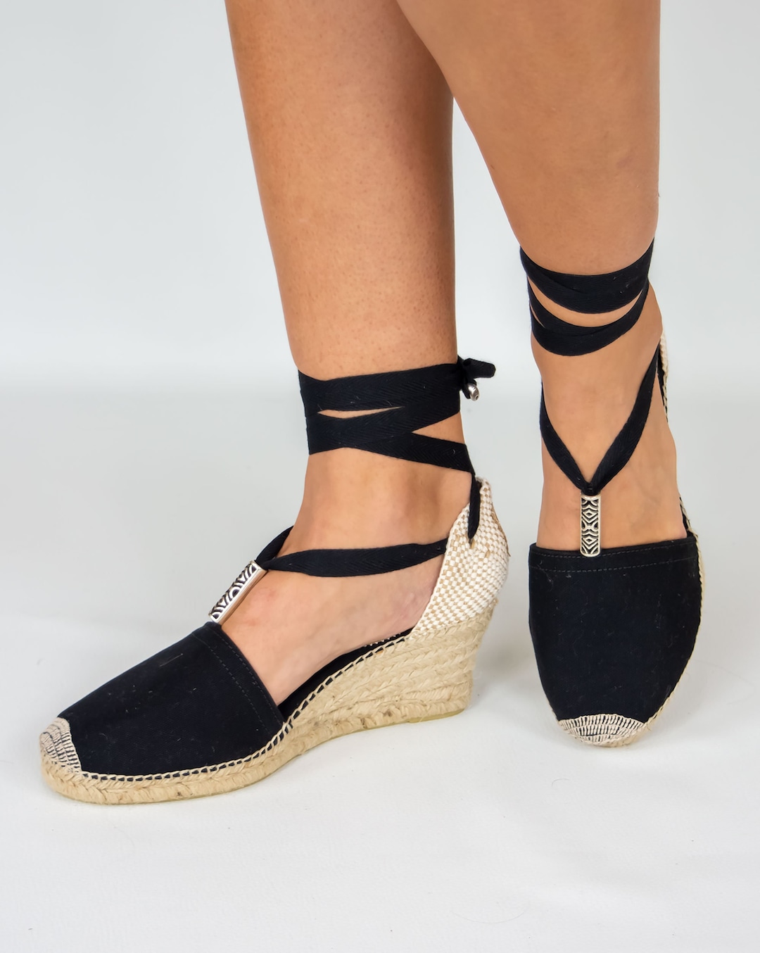 Traditional High-wedge Espadrilles Handmade With Black Cotton Fabric ...