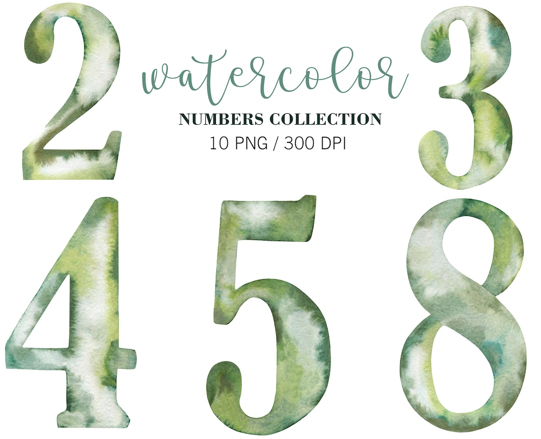Watercolor Numbers Clipart, Hand Painted Numbers, Green Numbers Clipart ...