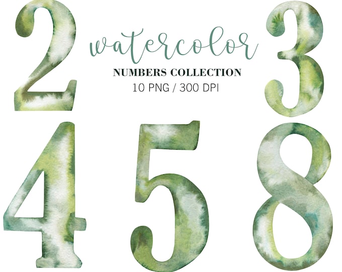 Watercolor Numbers Clipart, Hand Painted Number Clip Art. Green Mint ...