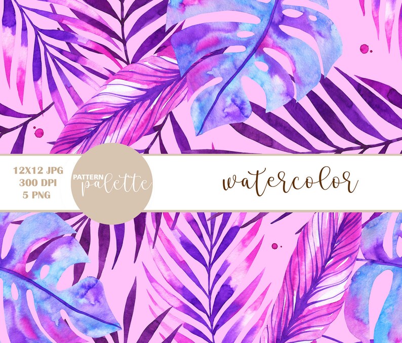 Pink Tropics Patterns, Seamless Pattern, Watercolor Patterns, PNG Files ...