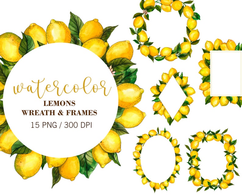 Watercolor Lemon Wreath Watercolor Lemon Frame Clipart Lemon - Etsy