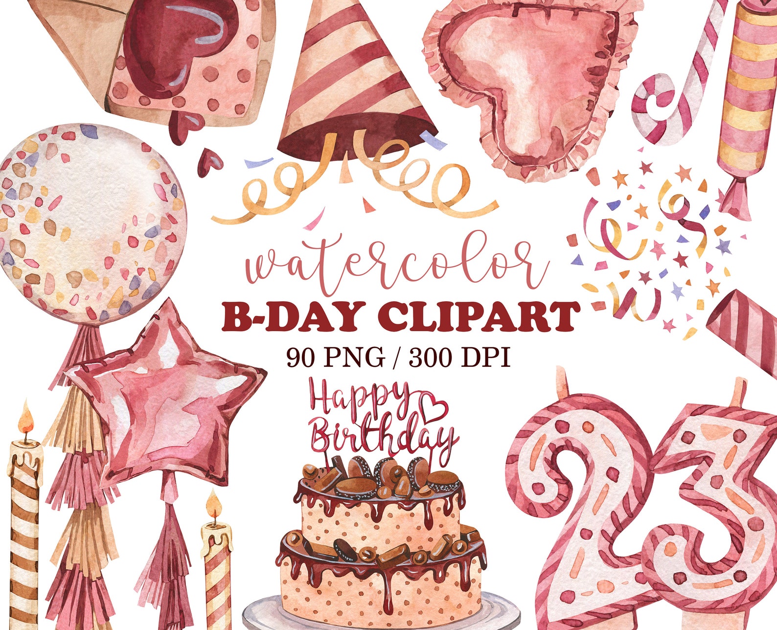 Watercolor Birthday Party Clipart, BIG SET, Birthday Decor, Watercolor ...