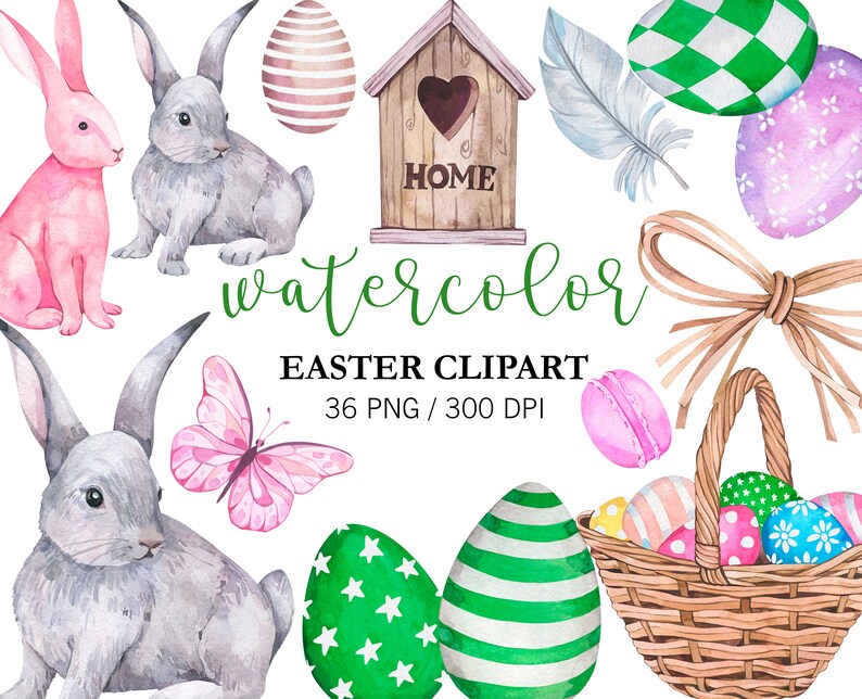 Watercolor Easter Clipart: Bunny, Eggs, Baskets PNG Digital Download - Etsy