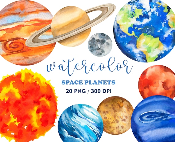 Watercolor Planets Clipart Solar System Download Space | Etsy Canada