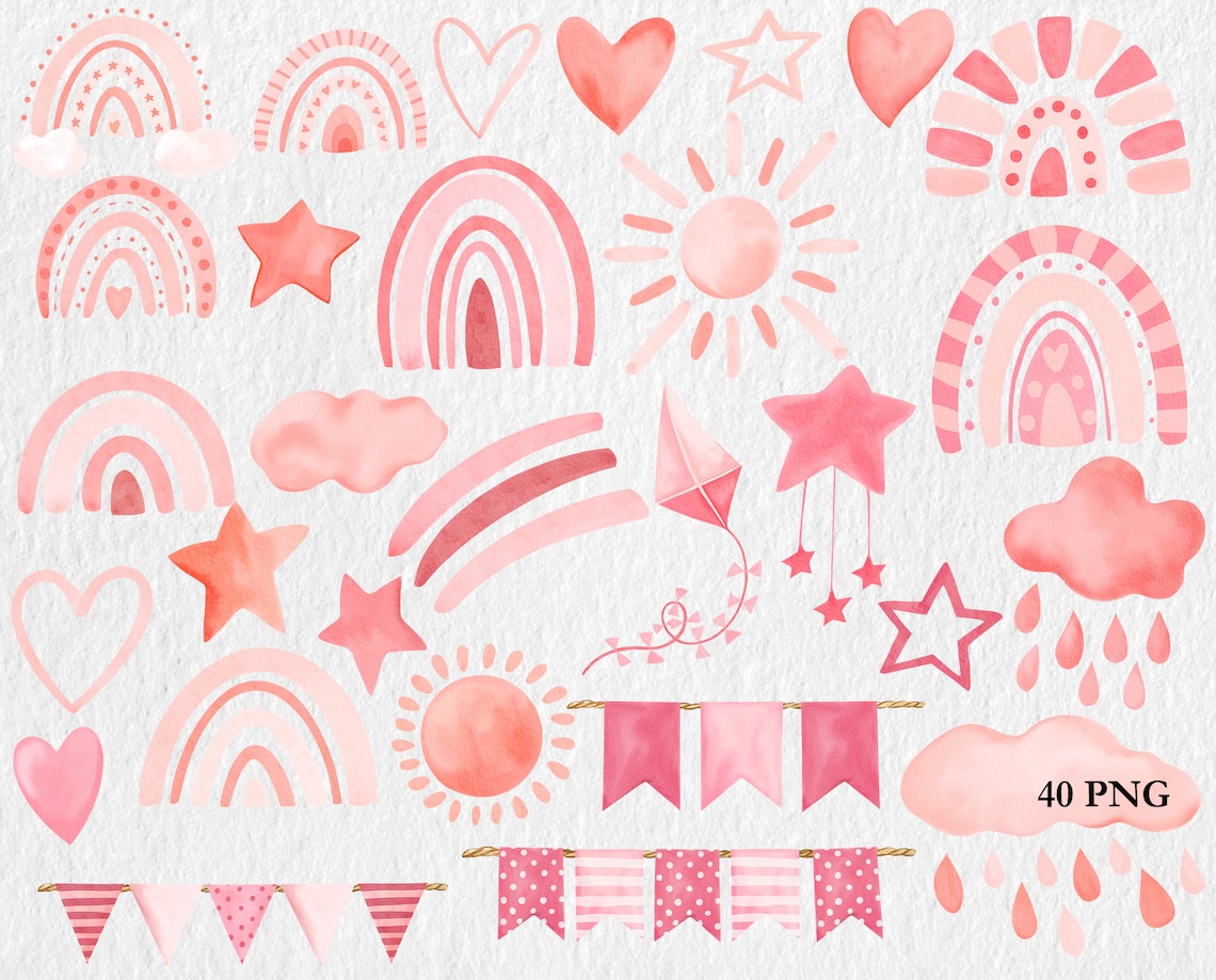 Watercolor Pink Rainbow Clipart Nursery Decor Baby Shower | Etsy