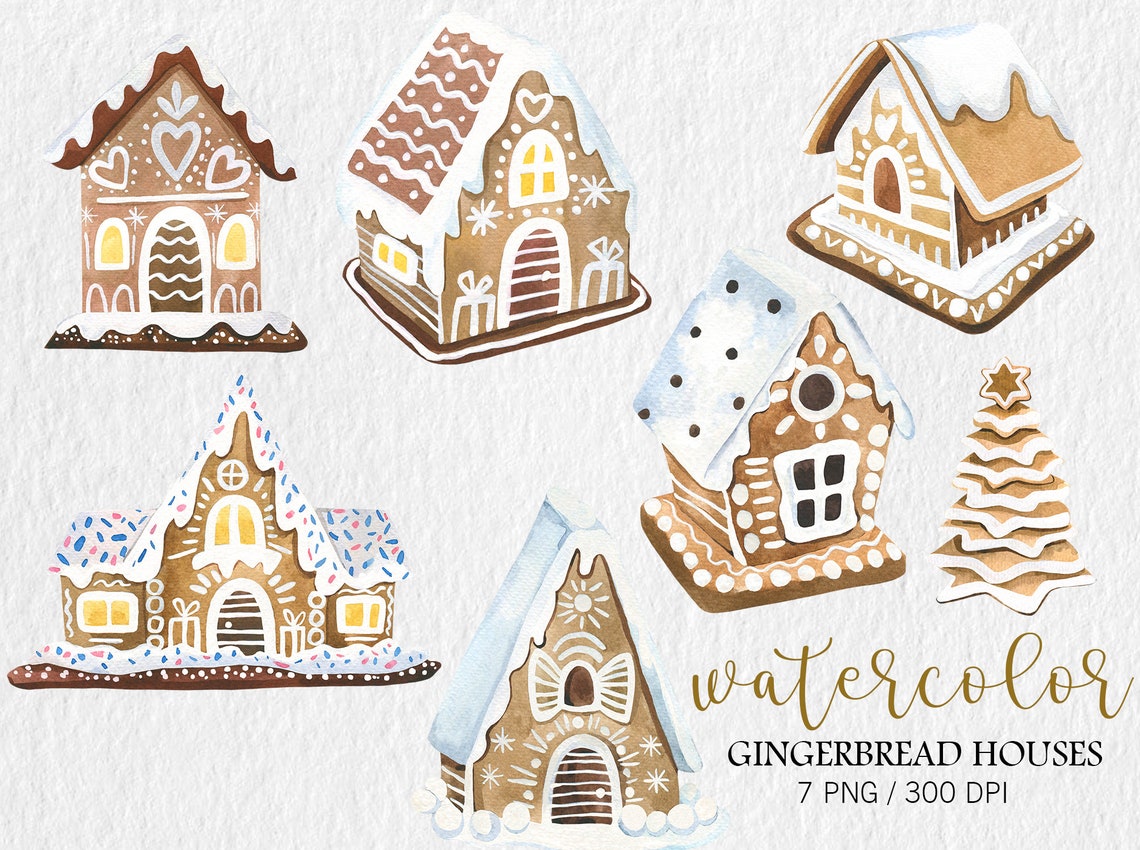 Watercolor Gingerbread Houses Clipart Chritmas Decor - Etsy