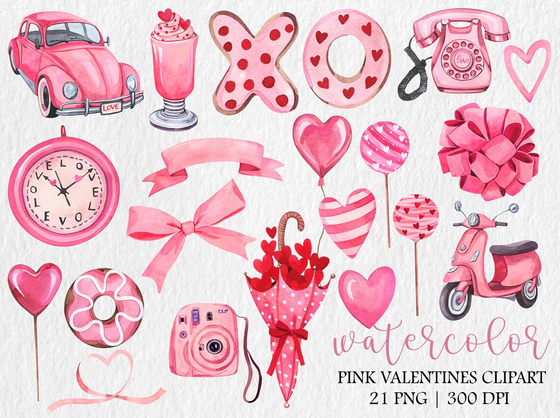 Watercolor Valentines Day Clipart Pink Valentine's - Etsy