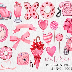 Watercolor Valentines Day Clipart, Pink Valentine's Clipart, Love PNG ...