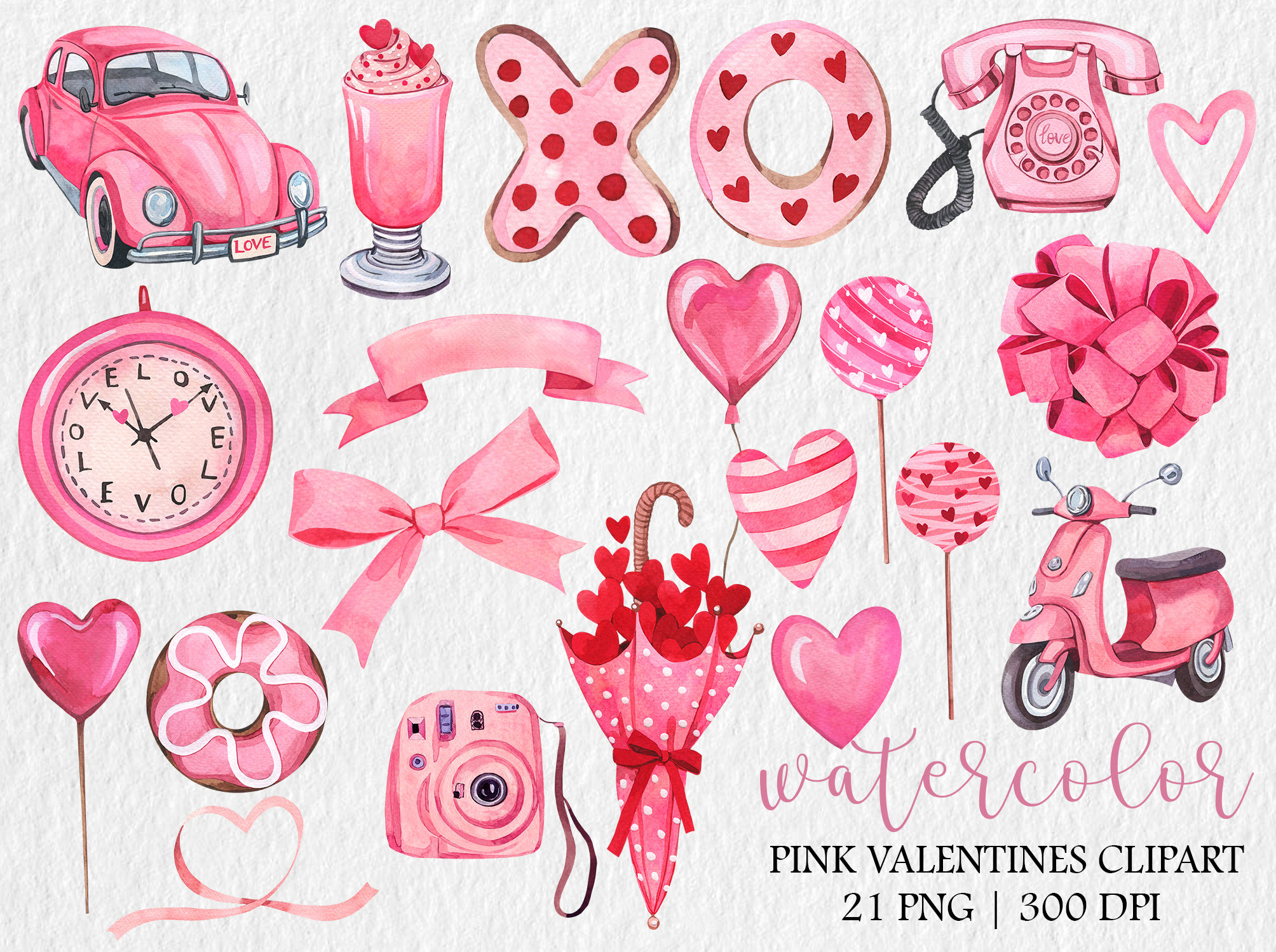 Watercolor Valentines Day Clipart Pink Valentine's - Etsy