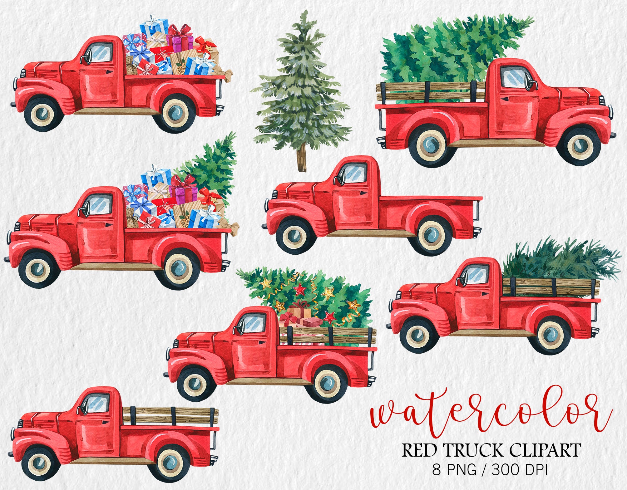 Watercolor Christmas Clipart, Watercolor Red Truck Clipart, Chtrictmas ...