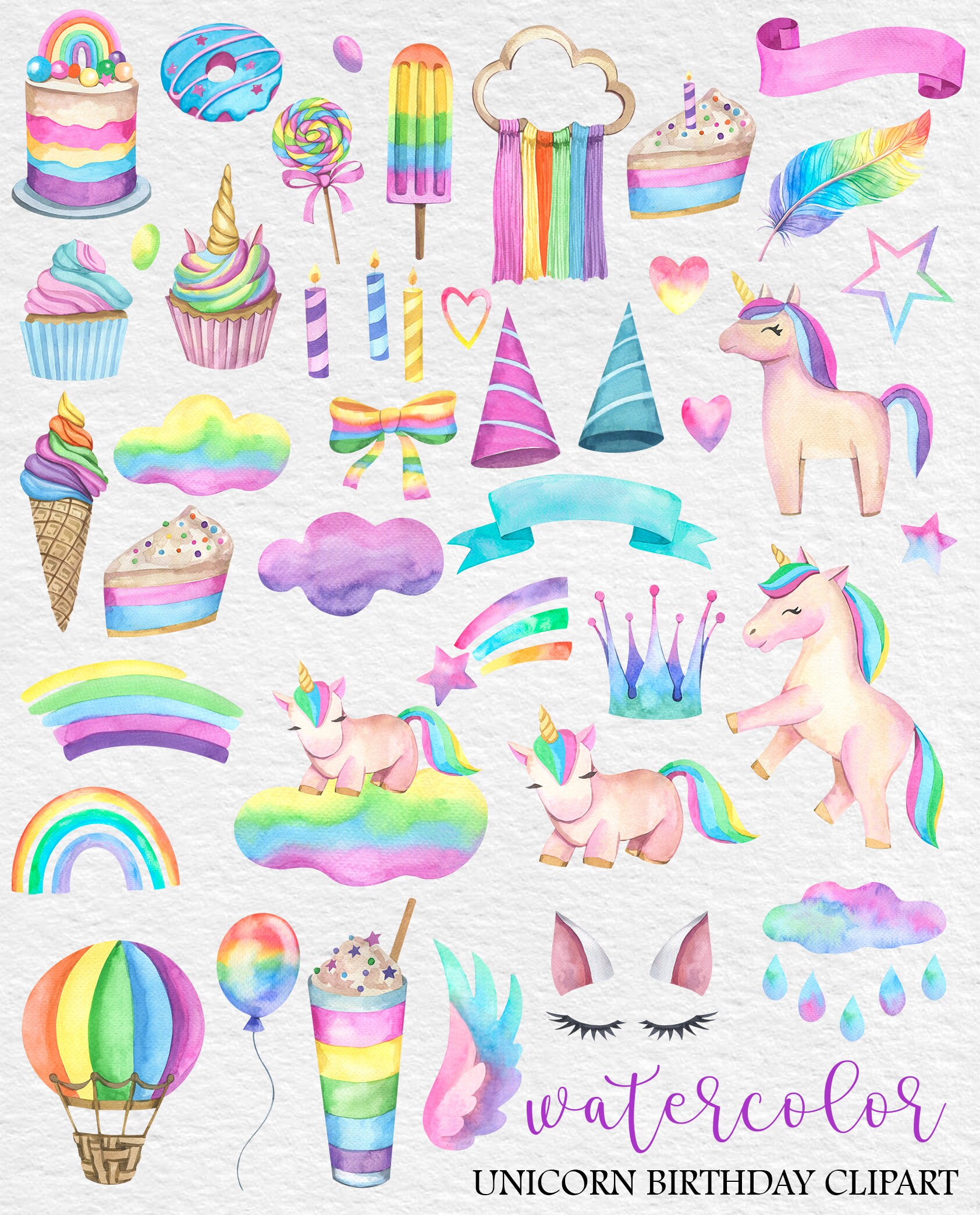 Watercolor Unicorn Birthday Clipart, Nursery Decor, Unicorn Stickers ...