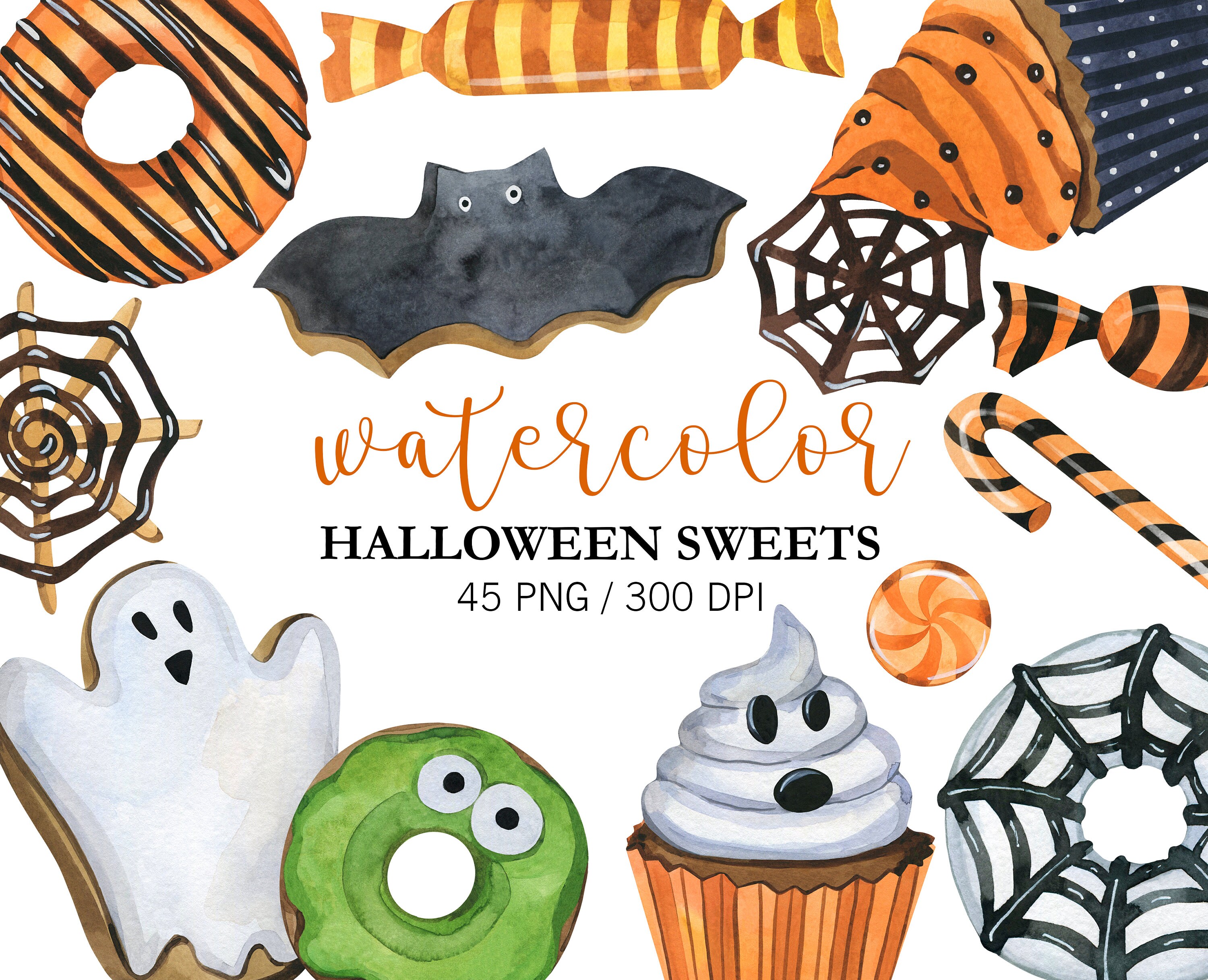 Watercolor Halloween Sweets Clipart: Party Decor (digital Download, 45 ...