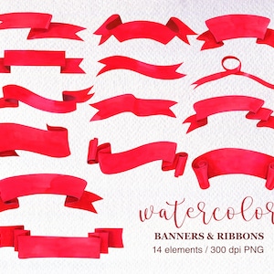 Watercolor Red Banner Clipart, Red Ribbon Clipart, Watercolor Ribbon ...