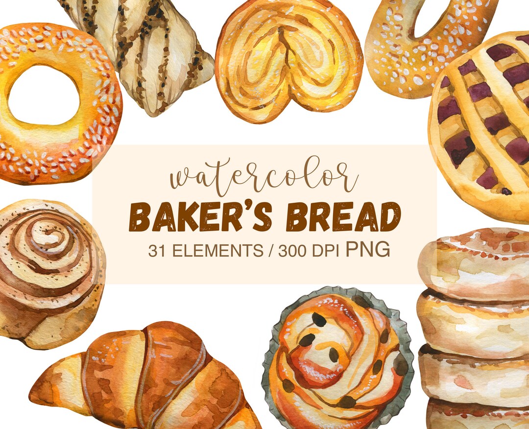 Watercolor Bread Supplies, PNG, Bakery Clipart, Bread Rolls, Buns ...