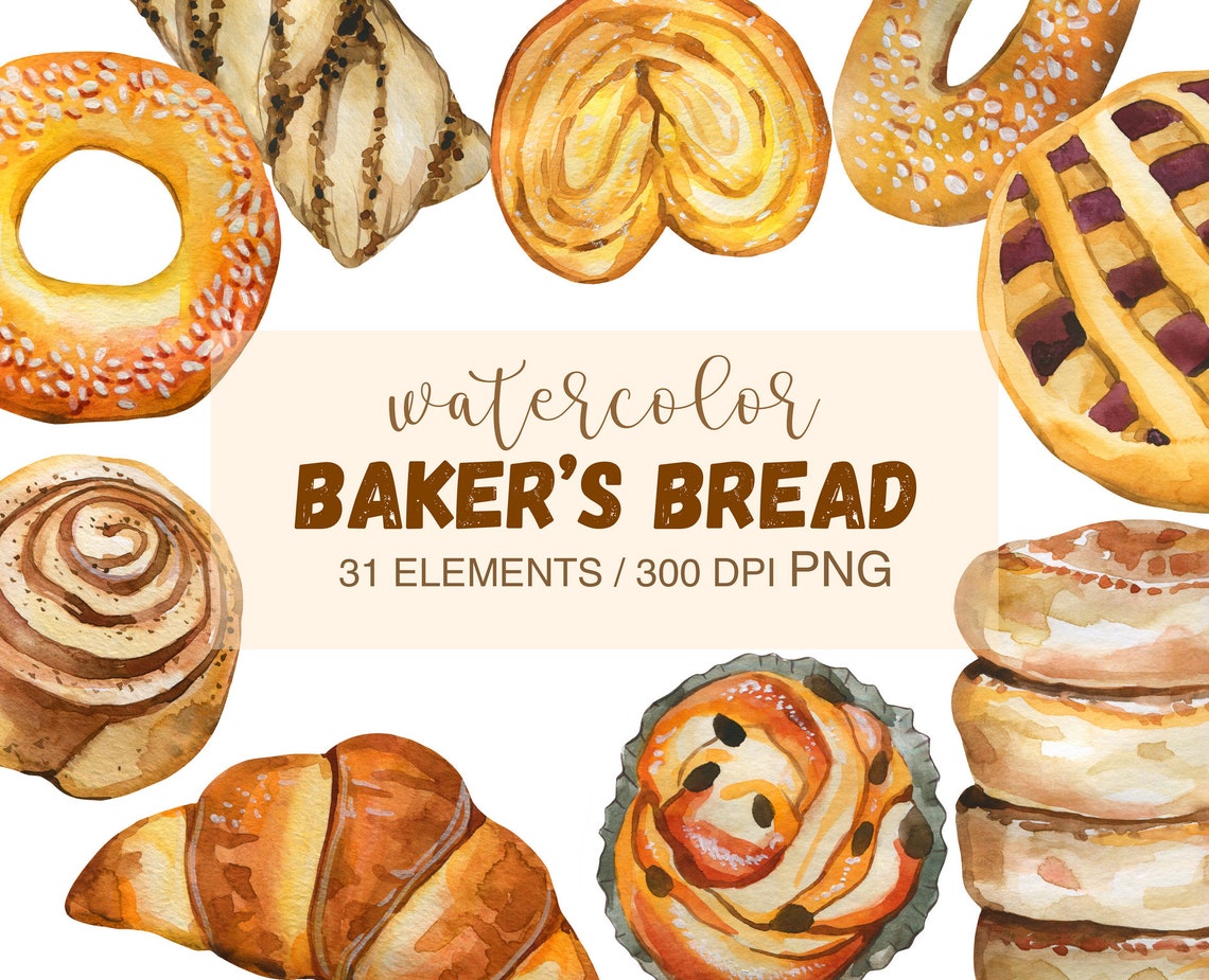 Watercolor Bread Supplies PNG Bakery Clipart Bread Rolls - Etsy