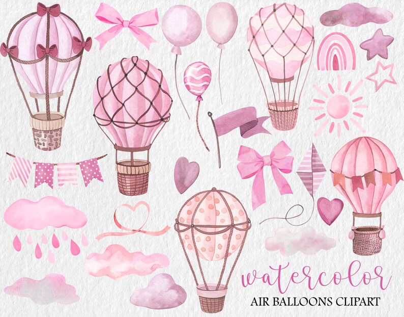 Watercolor Hot Air Balloons Clipart PNG Pink Balloons - Etsy