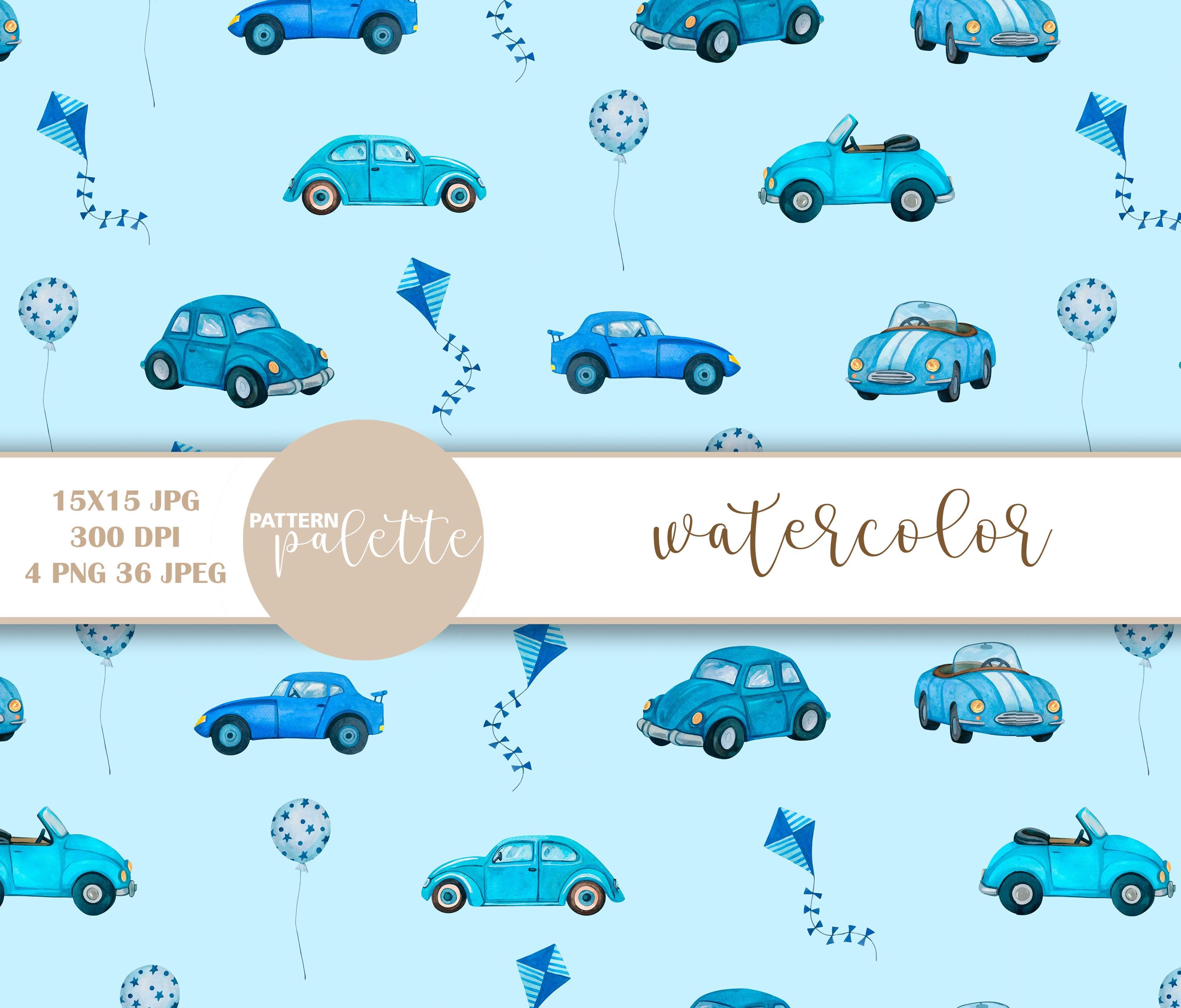 Watercolor Blue Cars Seamless Patterns, Printable Baby Boy Blue Cars ...