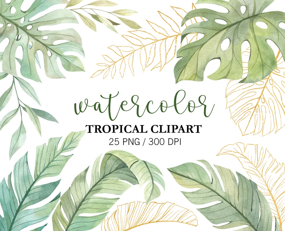 Watercolor Tropical Leaf Clipart: Gold & Greenery PNG Digital Download ...