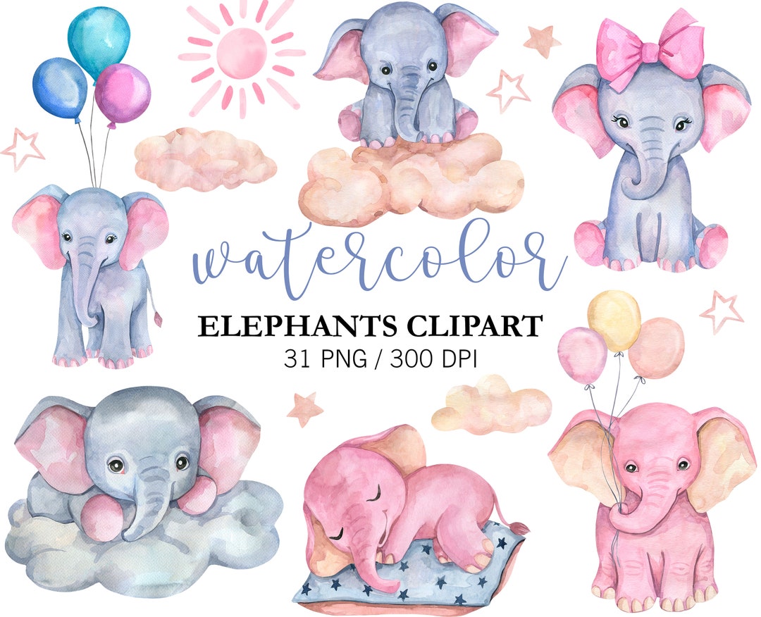 Watercolor Elephants Clipart PNG Nursery Decor, Baby Elephants, Animal ...