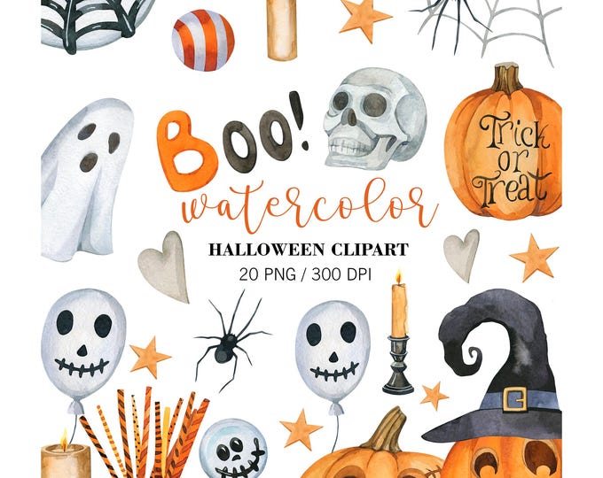 Watercolor Cute Halloween Clipart Bundle, Pastel Spooky Clip Art ...