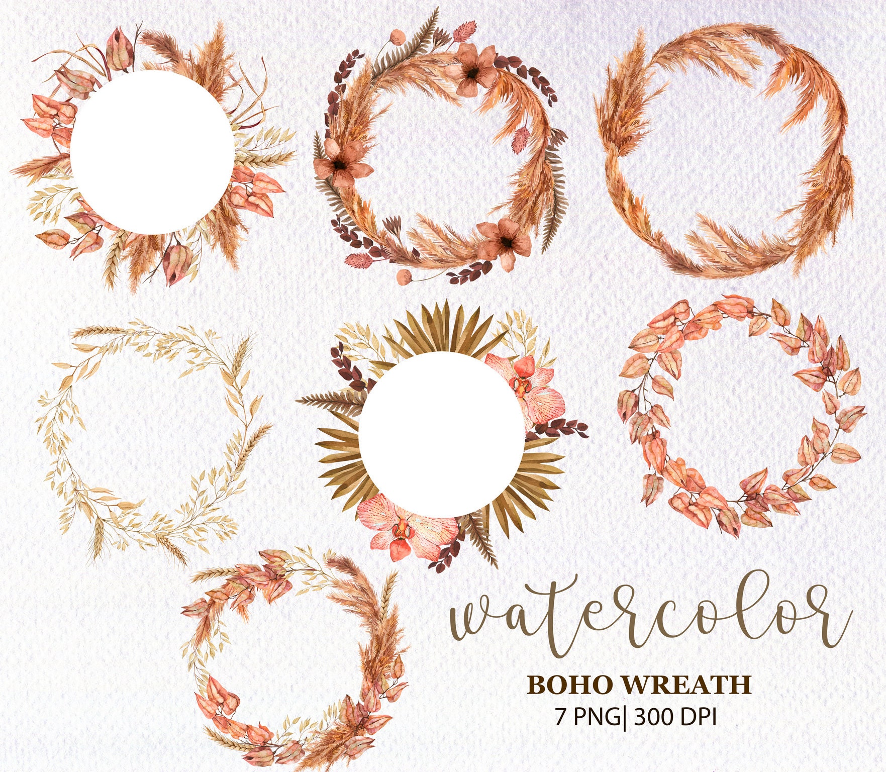 Watercolor Boho Wreath, Bohemian Wedding Designs, Pampas Grass, Fall ...