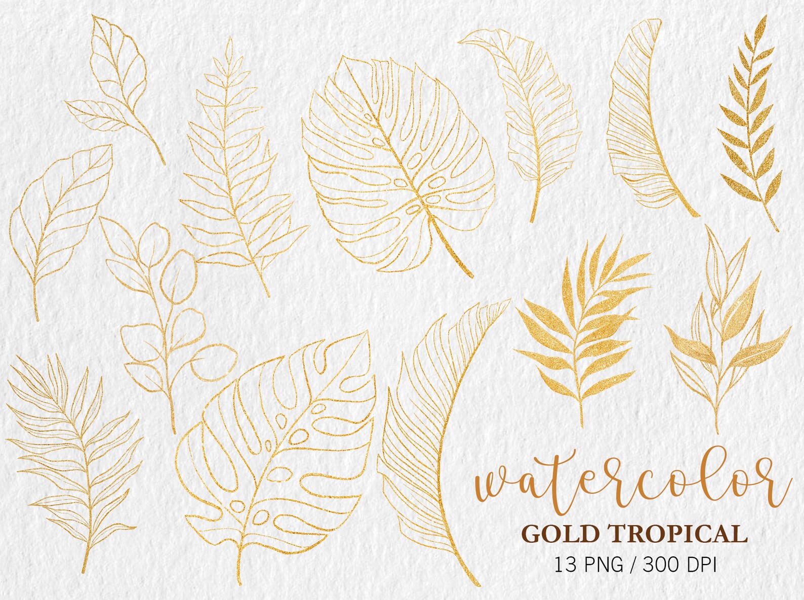 Gold Tropical Leaves Clipart Doodle Clipart Tropical Plant - Etsy