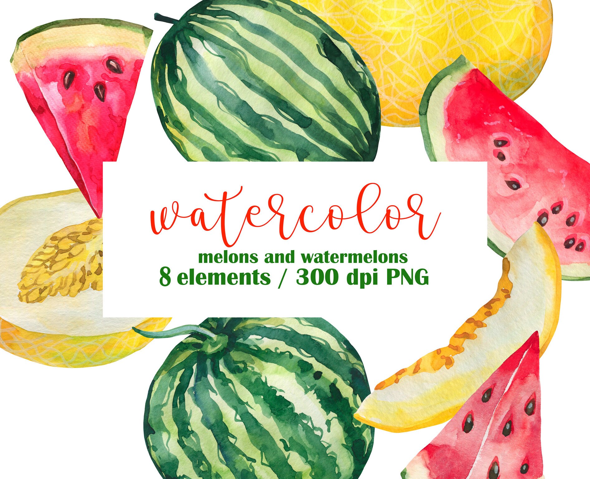 Watercolor Watermelon Clipart Melon Clipart PNG Slices - Etsy