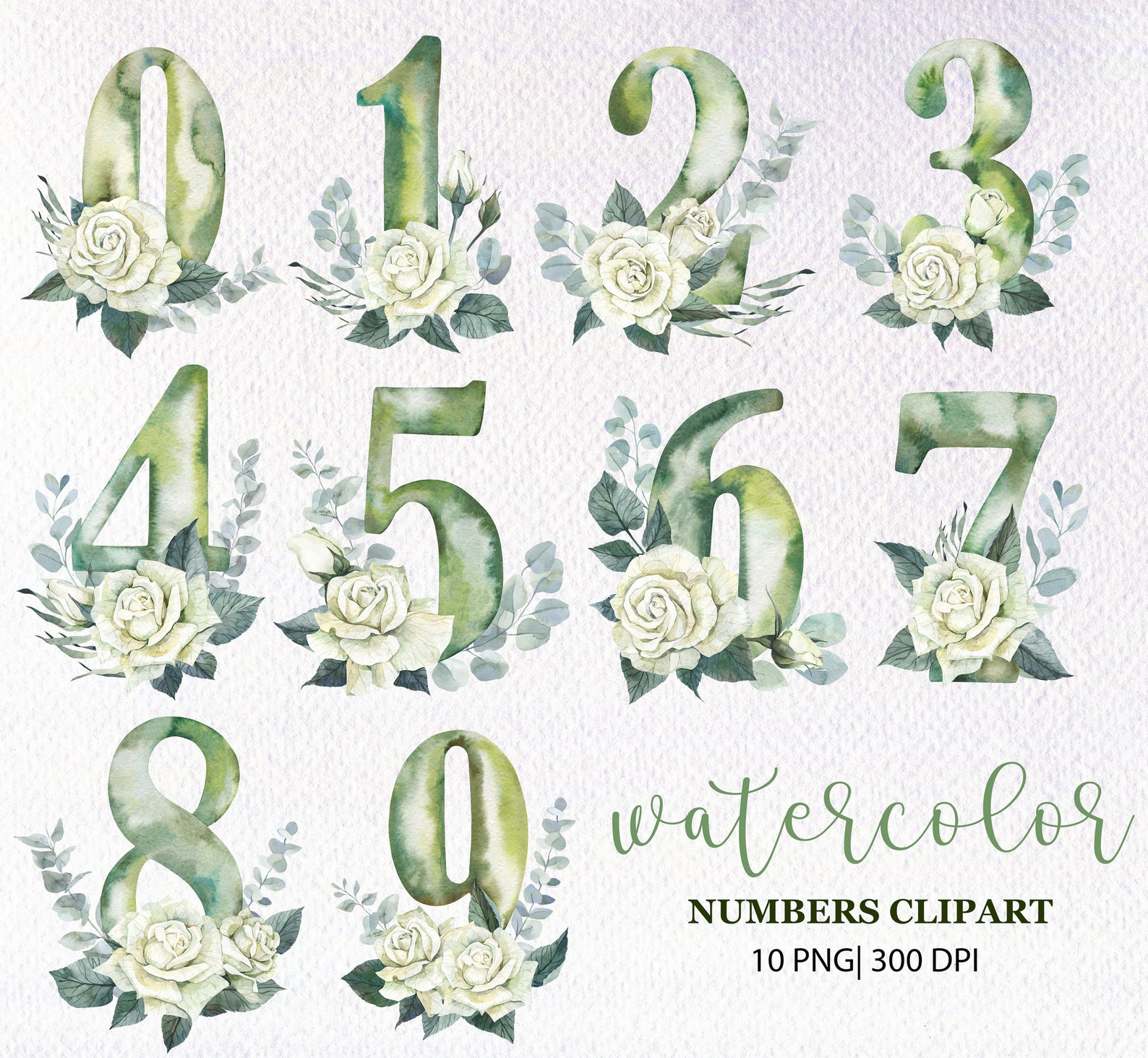 Watercolor Numbers Clipart Floral Number Clip Art White - Etsy