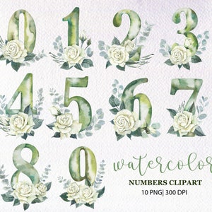 Watercolor Numbers Clipart, Floral Number Clip Art, White Roses ...