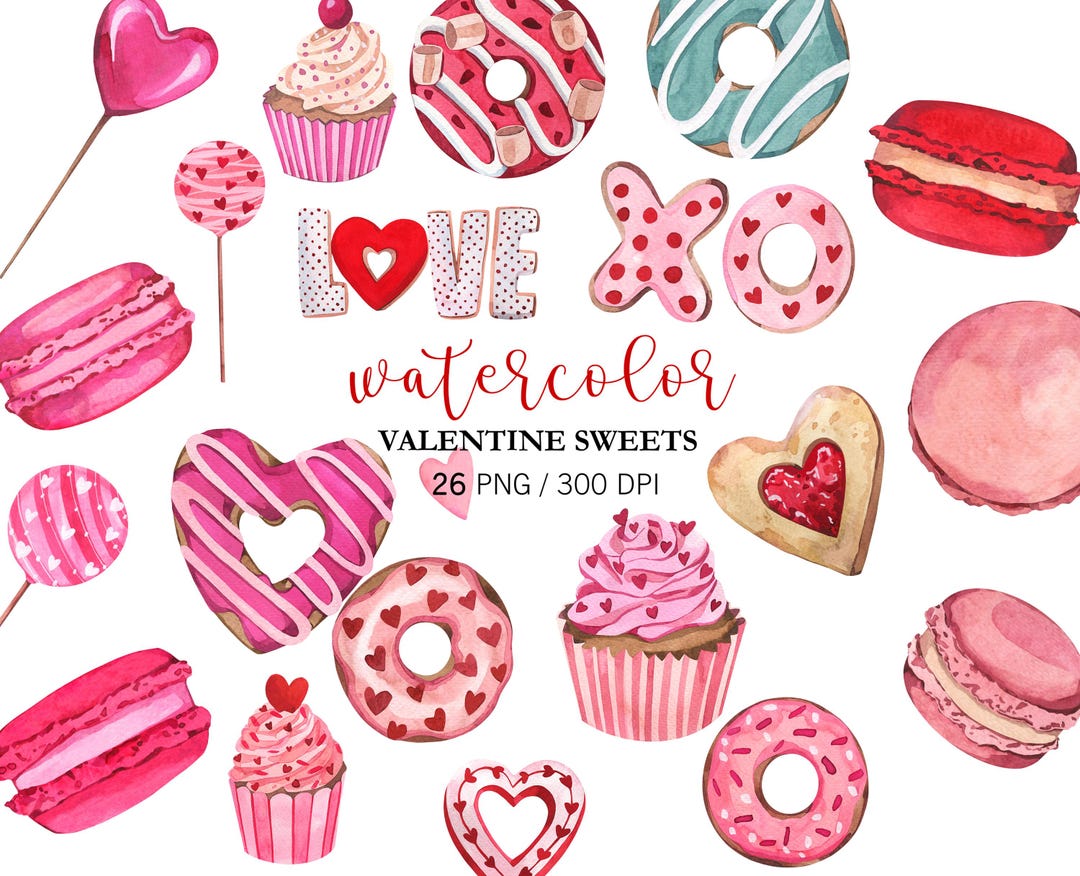 Watercolor Valentines Day Sweets Clipart, Valentine Donut Clipart ...