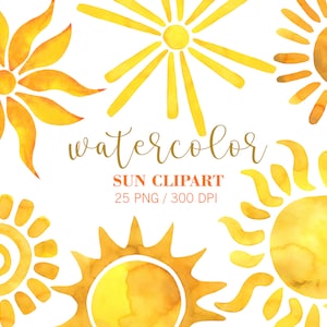 Watercolor Sun Clipart, Digital Sun Clip Art, Hand Painted Yellow and ...