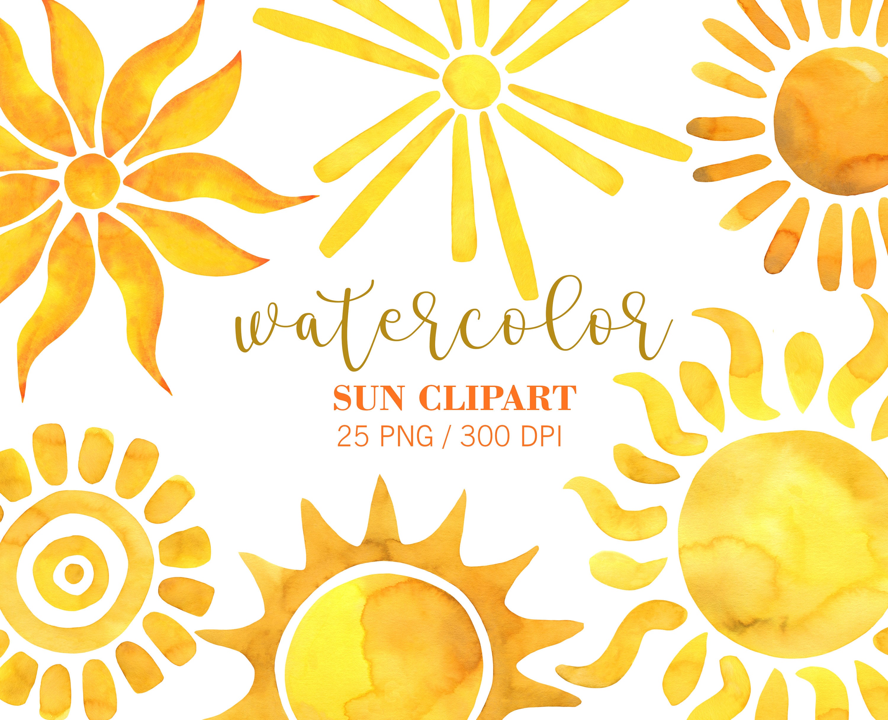 Watercolor Sun Clipart Digital Sun Clip Art Hand Painted - Etsy