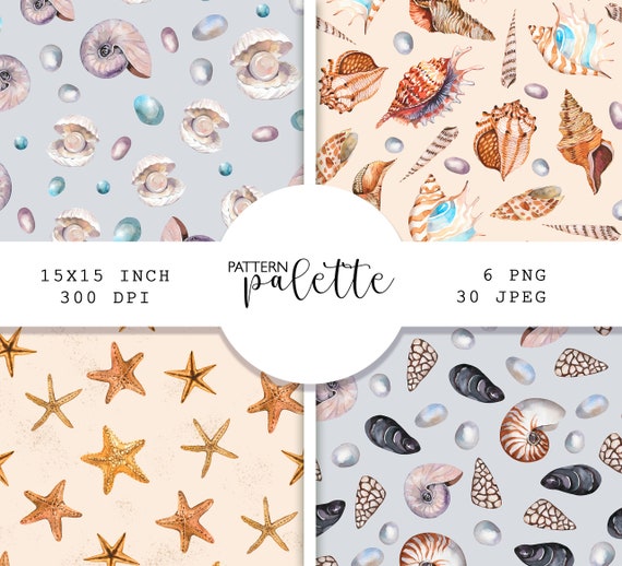 Watercolor Seashells Seamless Patterns Ocean Seashell | Etsy