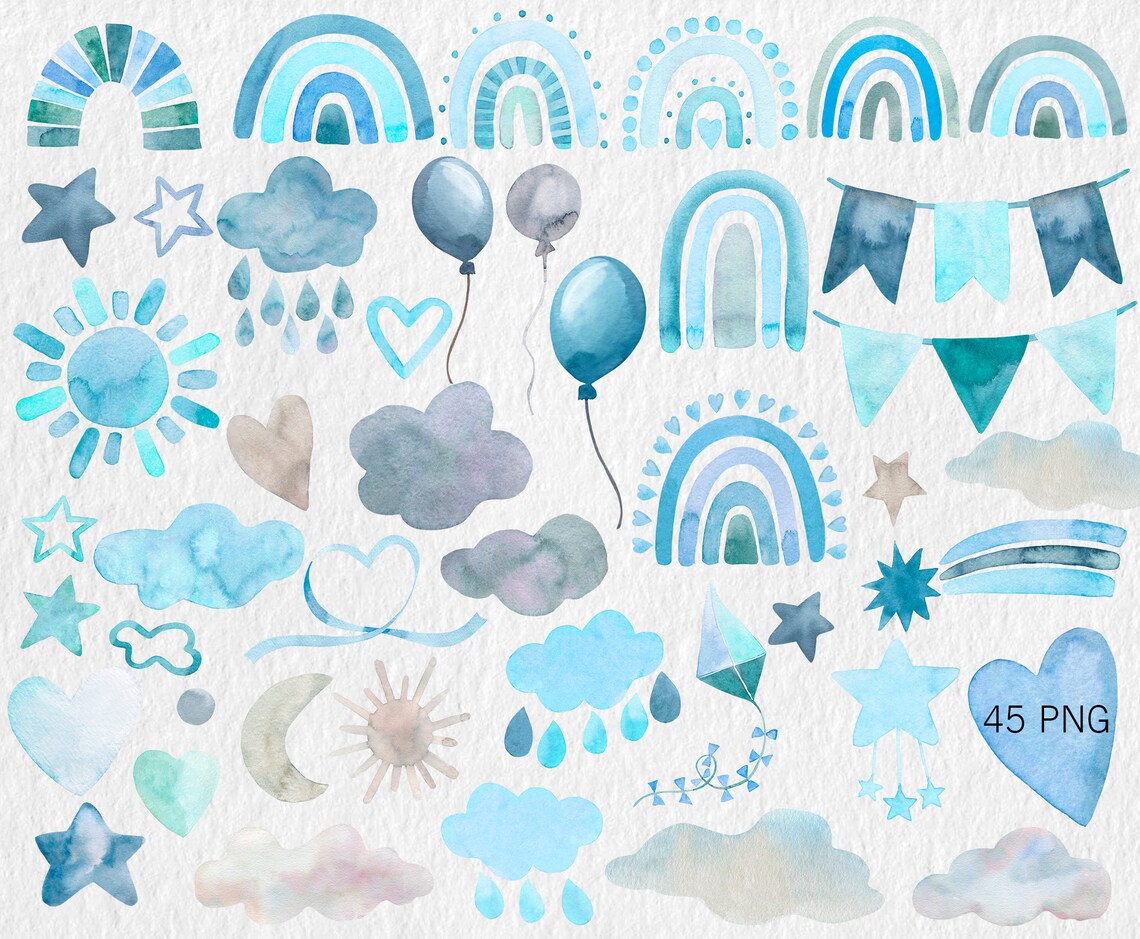 Watercolor Blue Rainbow Clipart Nursery Decor Baby Shower - Etsy