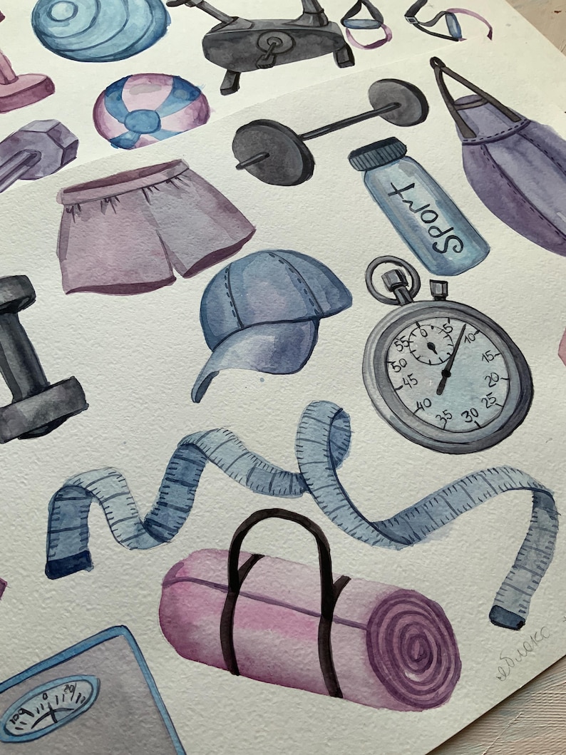 Watercolor Fitness Clipart: Gym Equipment PNG Fitness Stickers Digital ...