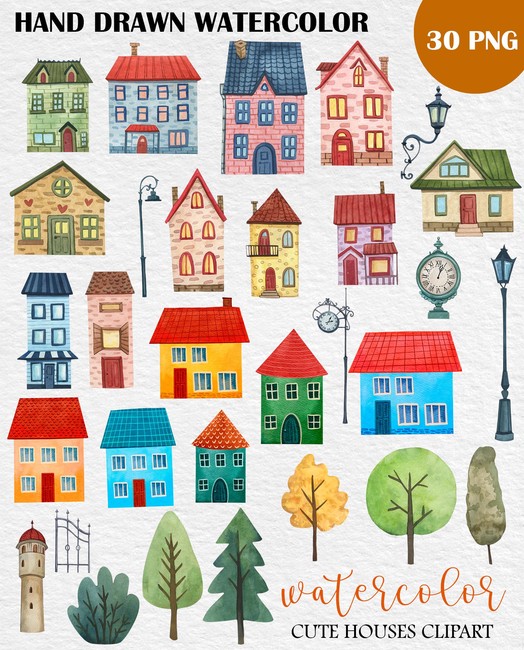 Watercolor Houses Clipart PNG Cute Houses, Nursery Decor, Tiny House ...