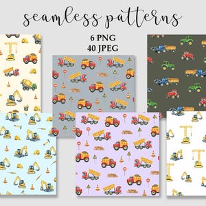 Watercolor Construction Truck Seamless Patterns Construction Digital ...