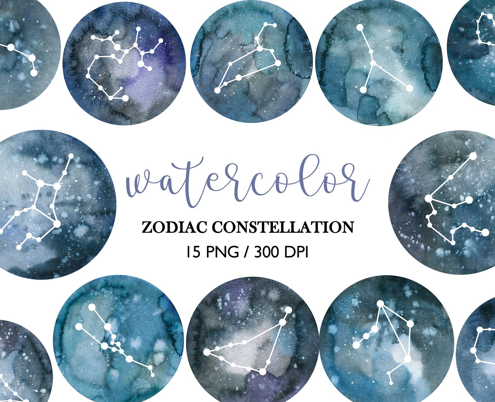 Watercolor Zodiac Constellations, Watercolor Galaxy Clipart, Watercolor ...