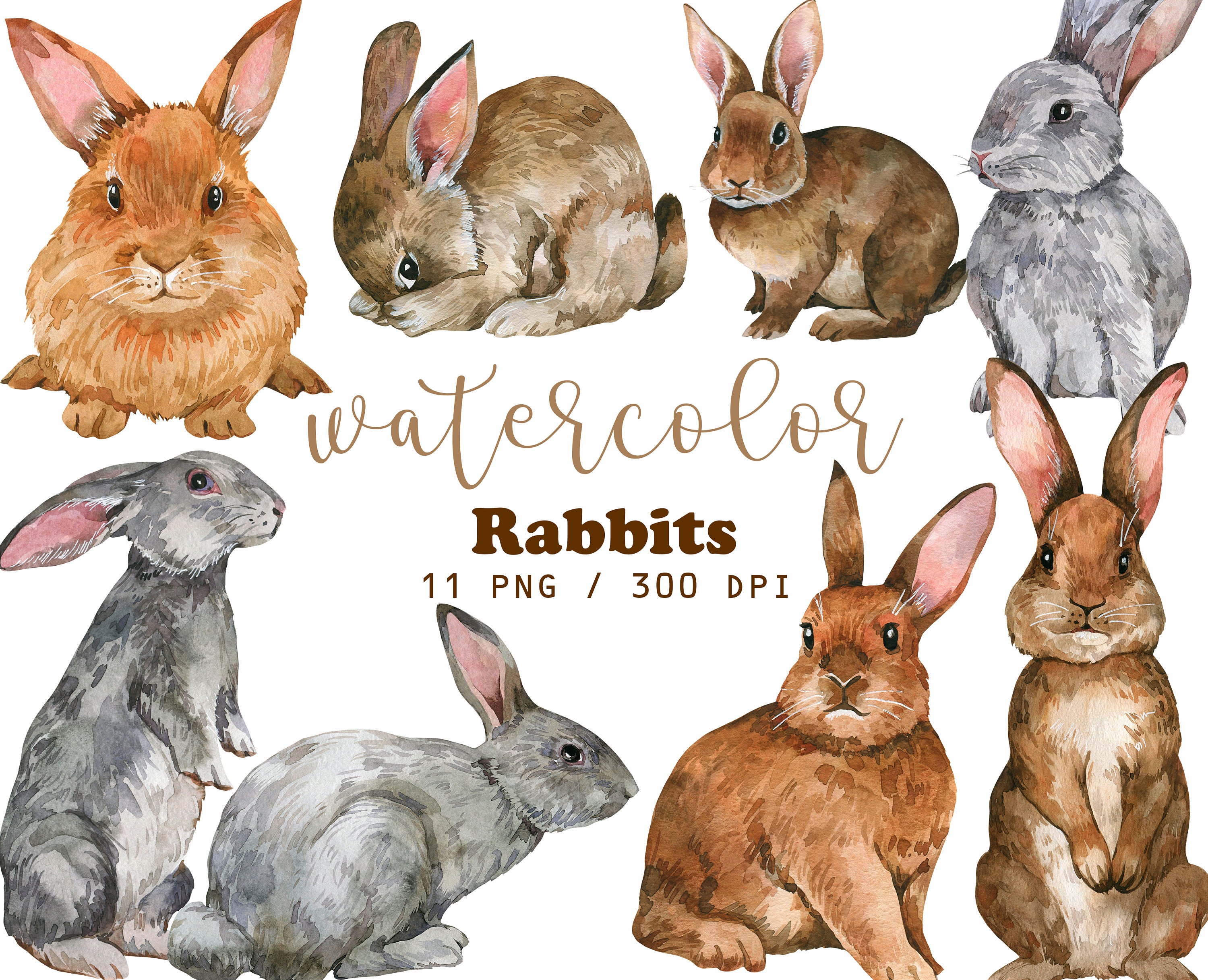 Watercolor Rabbits Clipart Cute Pet Clipart Easter Clipart | Etsy