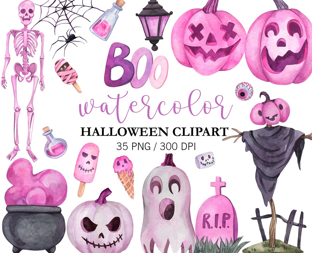 Watercolor Pink Halloween Clipart, PNG, Pink Pumpkins, Halloween Party ...