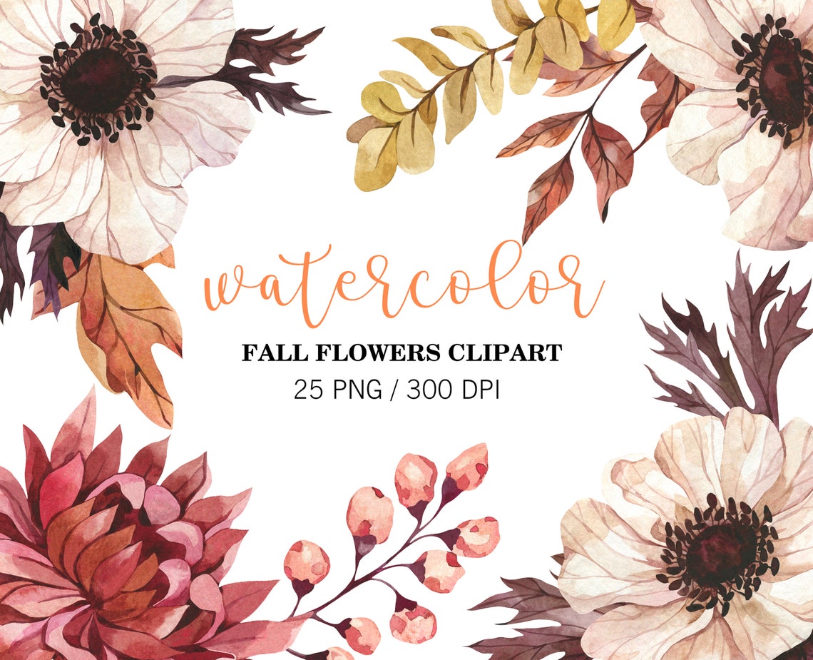 Watercolor Fall Clipart Floral Clipart Autumn Flowers | Etsy