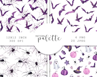 Watercolor Halloween Seamless Patterns, Halloween Digital Paper, PNG ...