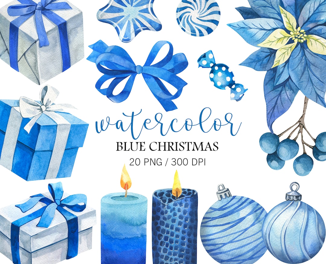 Watercolor Blue Christmas Clipart, Christmas Decor, Watercolor Clipart ...