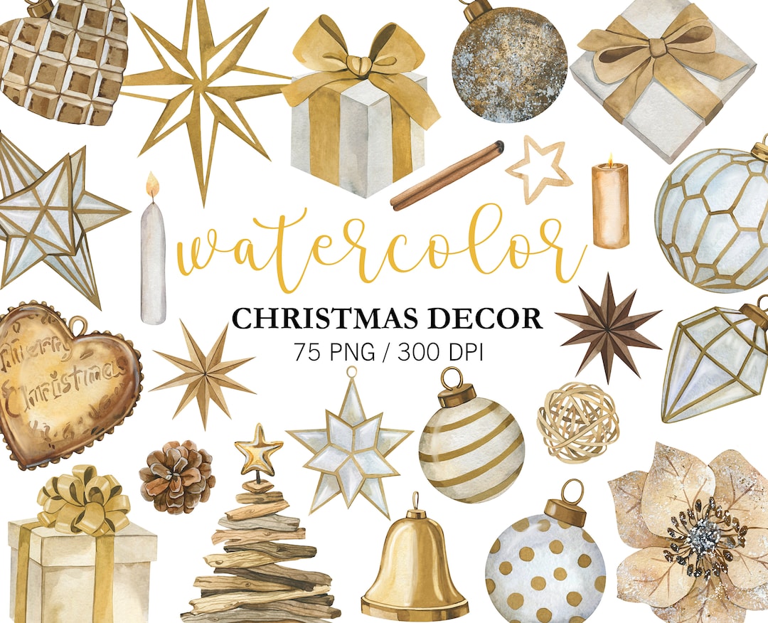 Watercolor Gold Christmas Clipart, Christmas Decor, PNG, Gold Decor ...