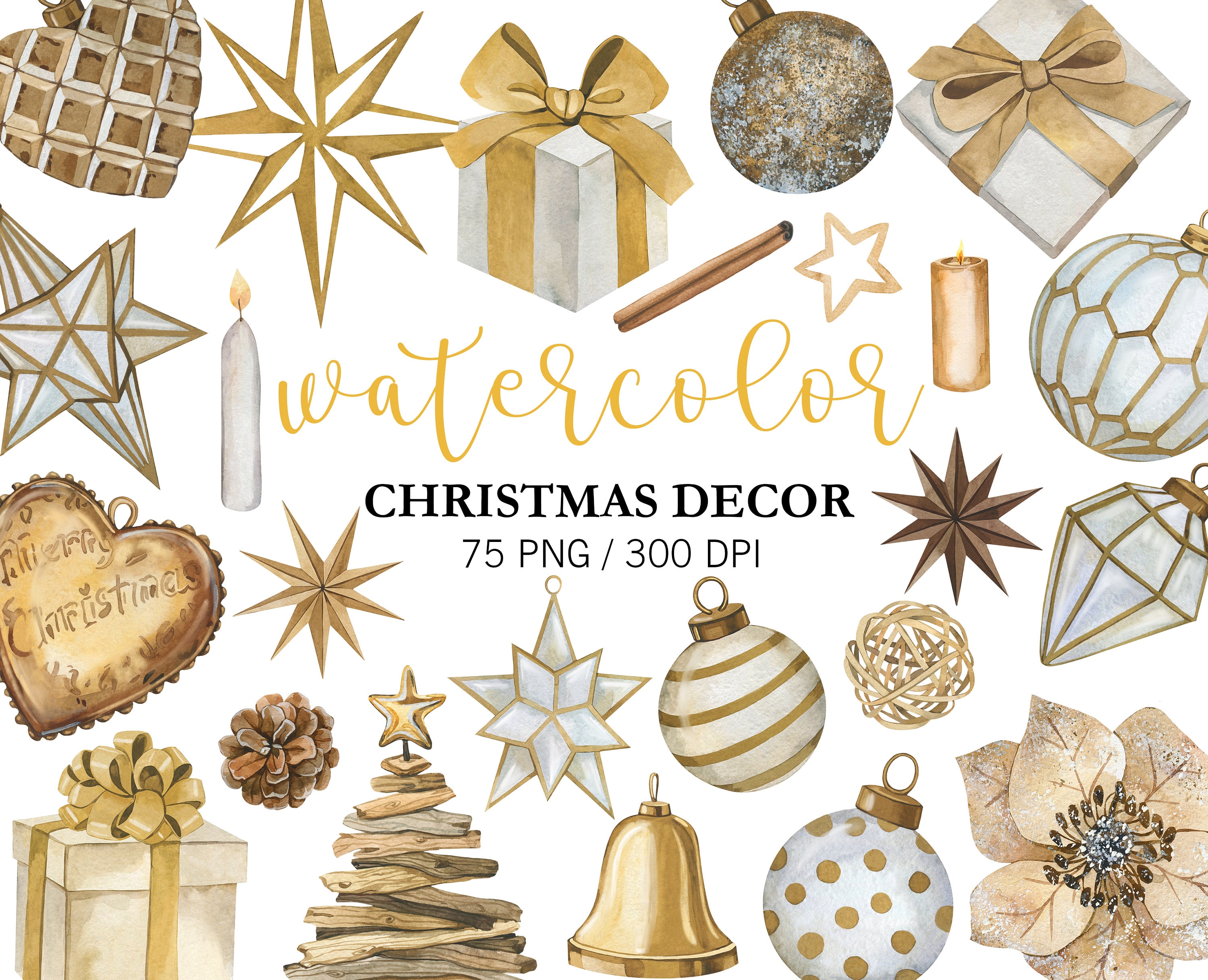 Watercolor Gold Christmas Clipart Christmas Decor PNG Gold - Etsy