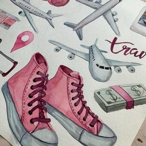 Watercolor Pink Travel Clipart: Summer Vacation PNG (digital Download ...