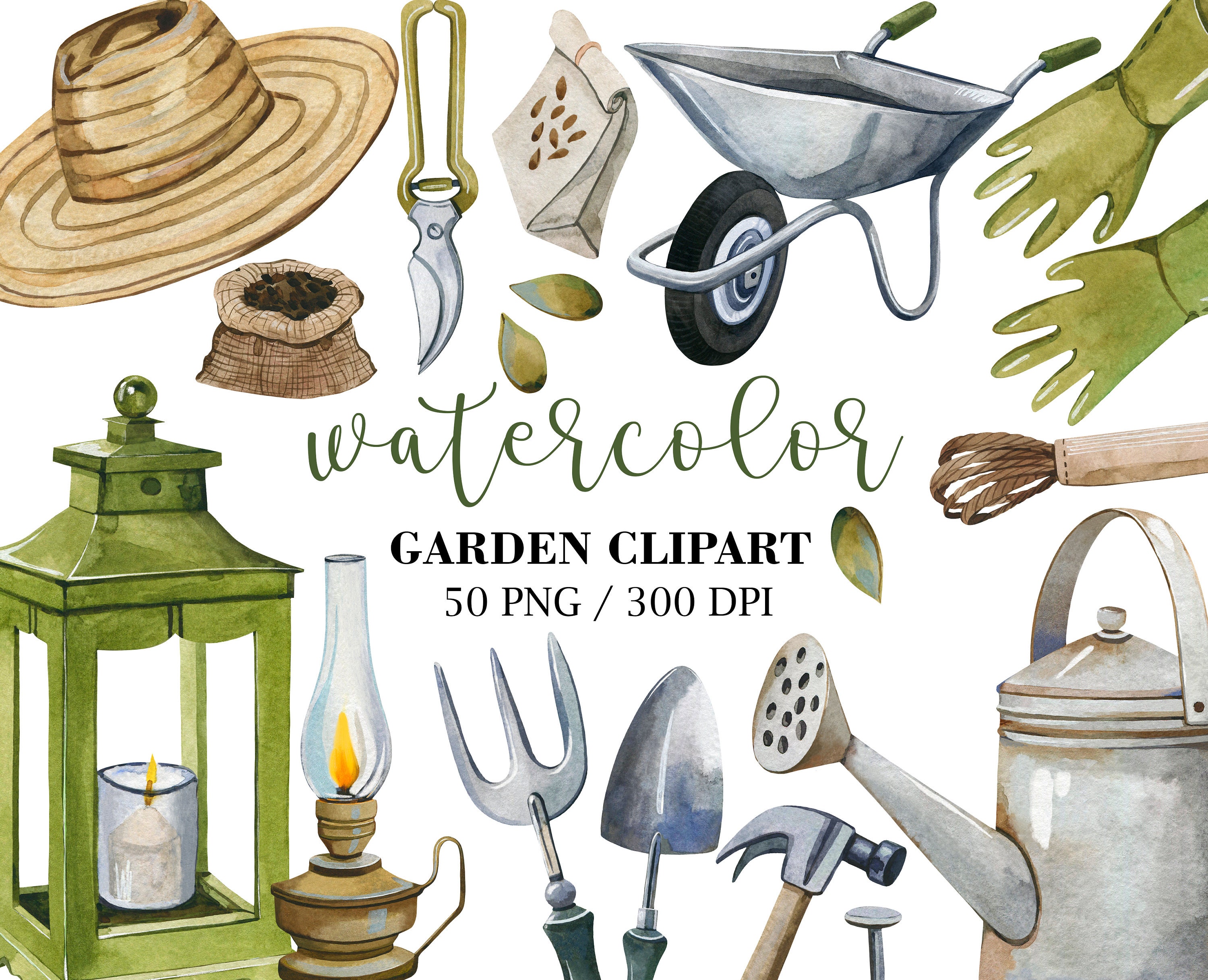 Watercolor Garden Clipart Garden Tools Gardening Download - Etsy