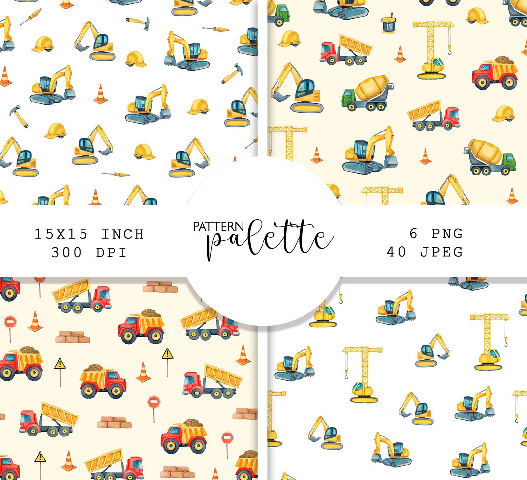 Watercolor Construction Truck Seamless Patterns Construction Digital ...